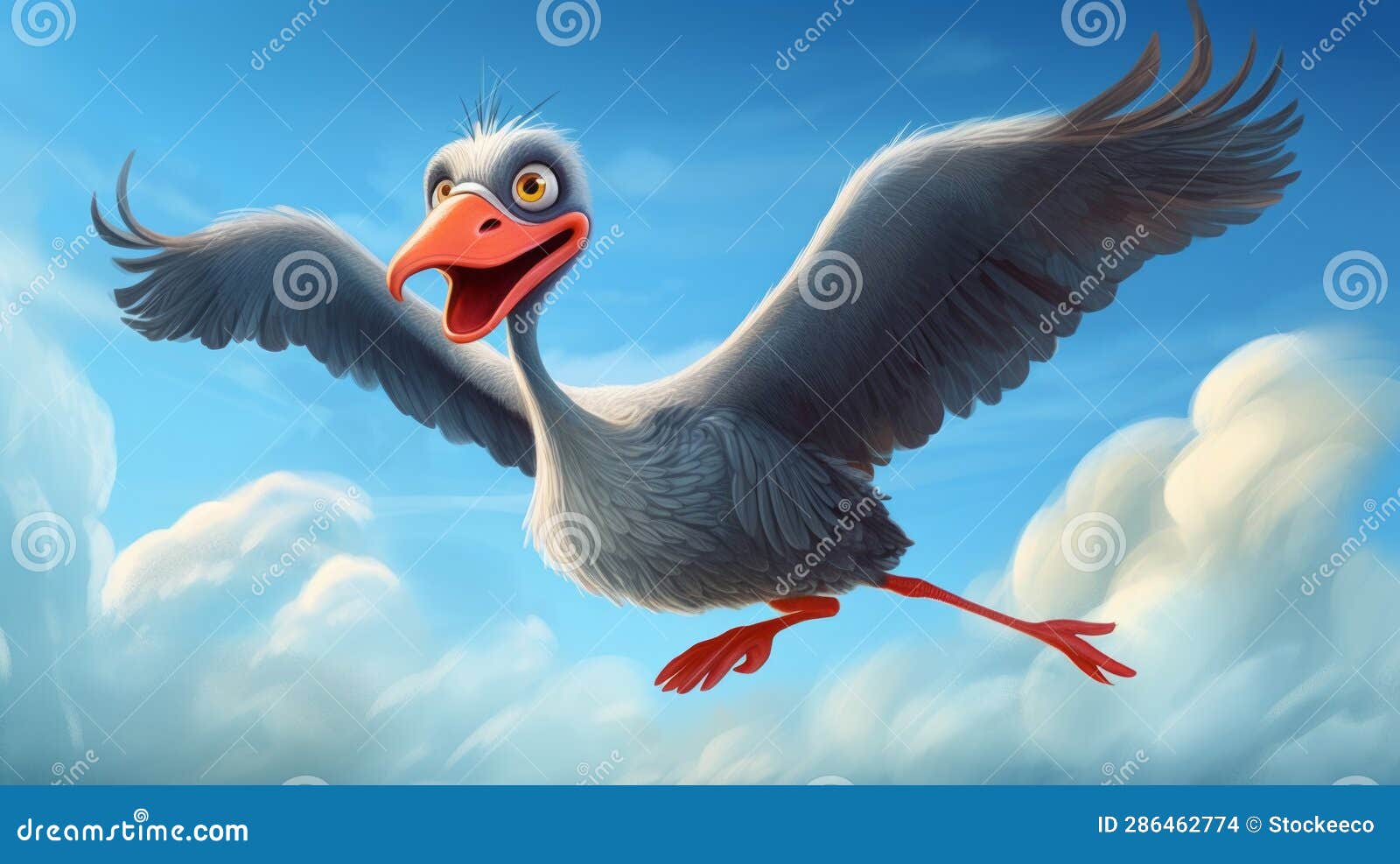 Lifelike Cartoon Stork Flying among Clouds with Wide Open Wings Stock ...