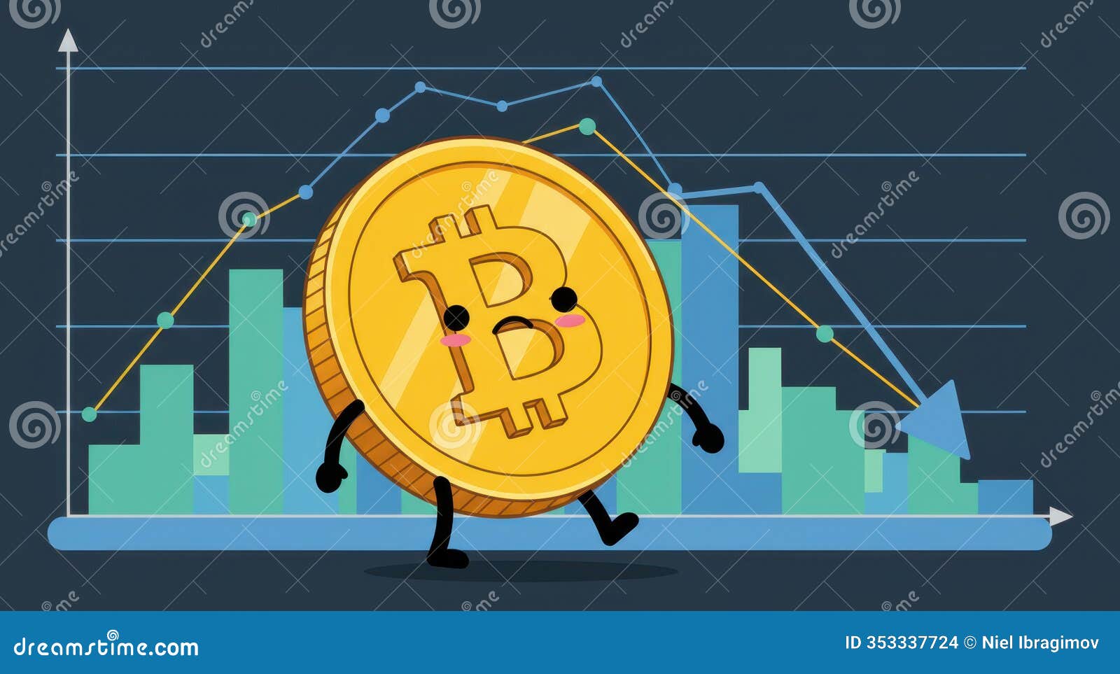 Animated Bitcoin Character in Front of Declining Cryptocurrency Market ...