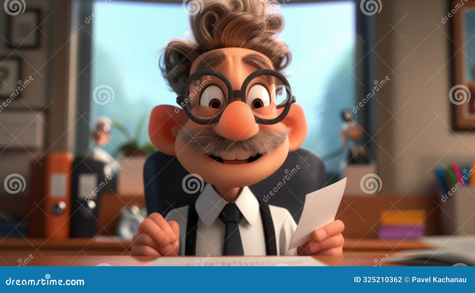 Animated Boss with Glasses and Mustache Reads a Card while Smiling ...