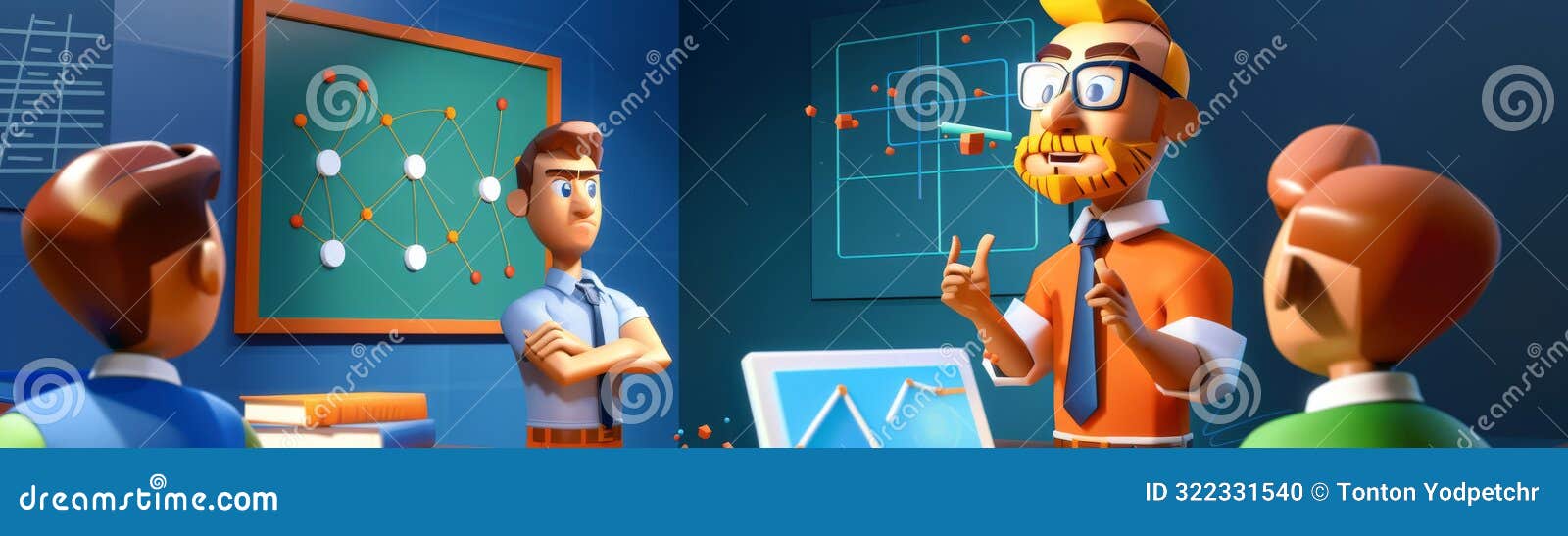 Animated Business Meeting with Characters Analyzing Charts and Data in ...