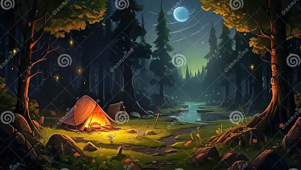 Animated of Camping in the Forest with Night Scene Stock Illustration ...