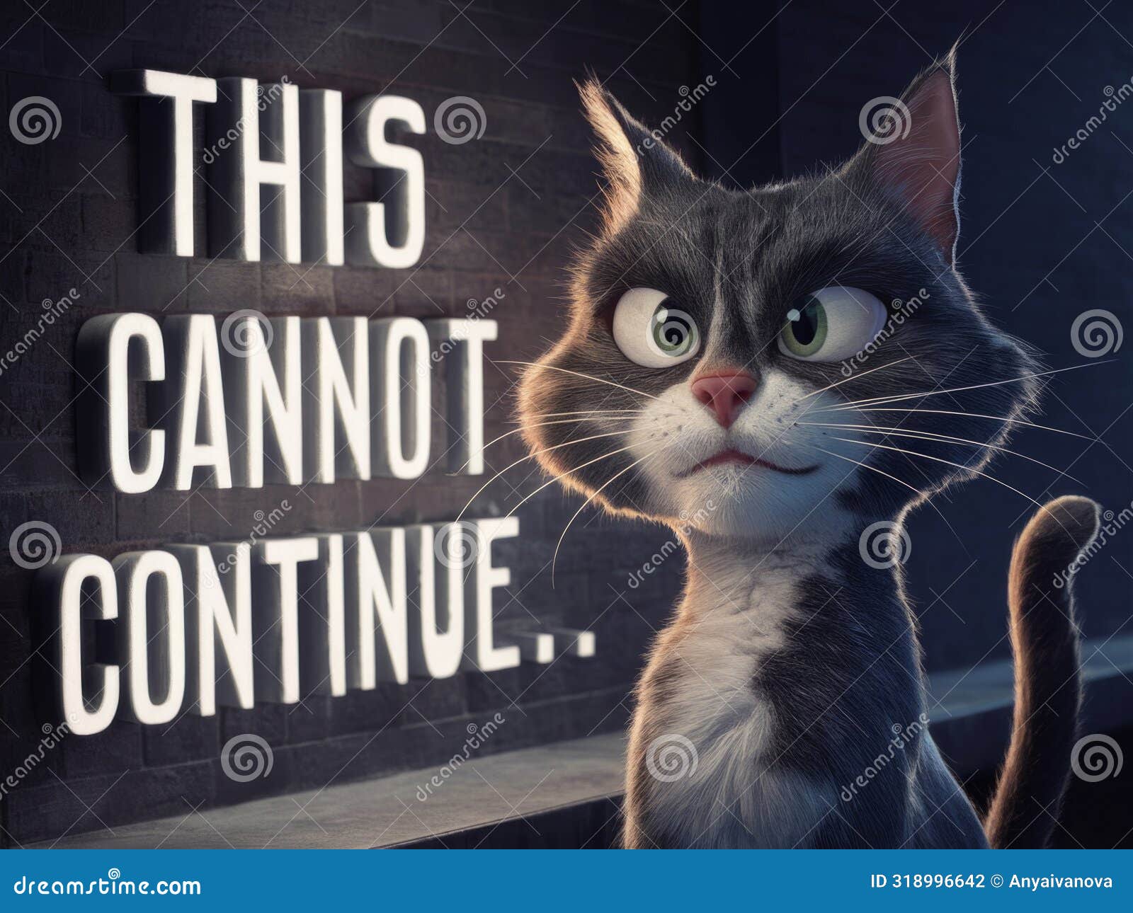 Animated Cat with Determined Expression in Front of Lit Sign this ...