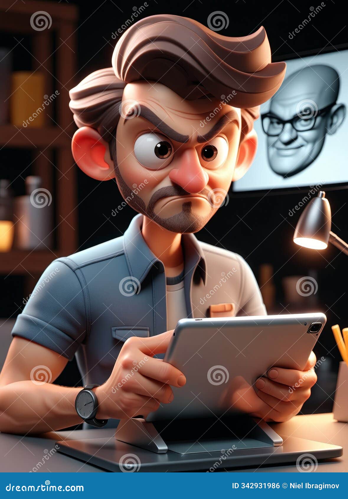 Animated Character Focused on Tablet in Creative Workspace Stock Photo ...