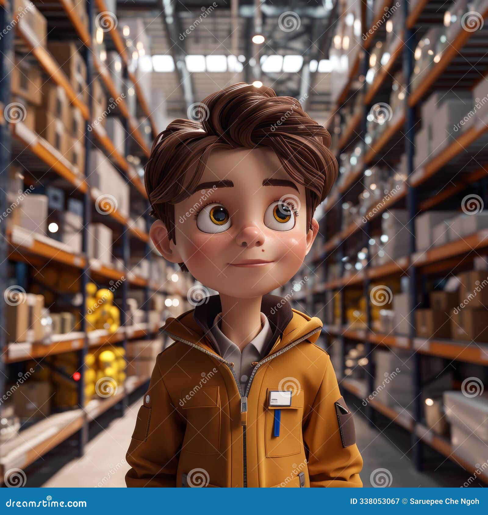 Animated Character in Modern Warehouse Setting with Shelves and Boxes ...
