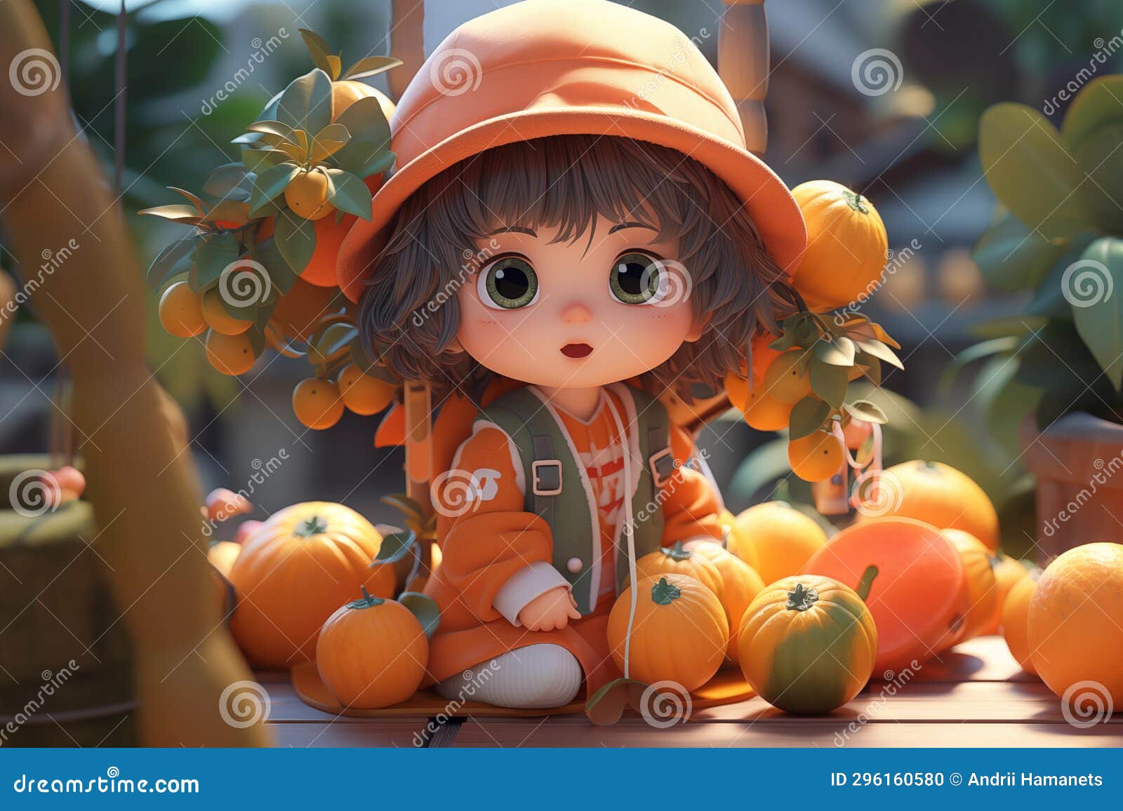 Animated Child in Orange Outfit with Pumpkins and Oranges Stock ...