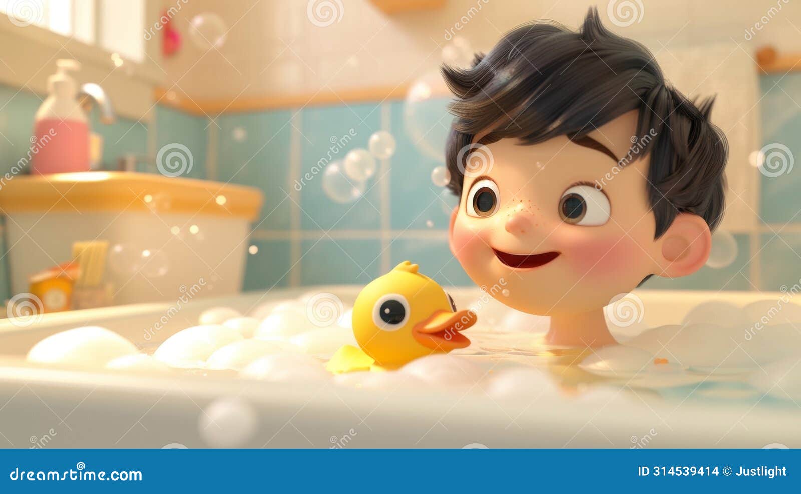 An Animated Child is Seen Taking a Bubble Bath with a Rubber Duck. the ...