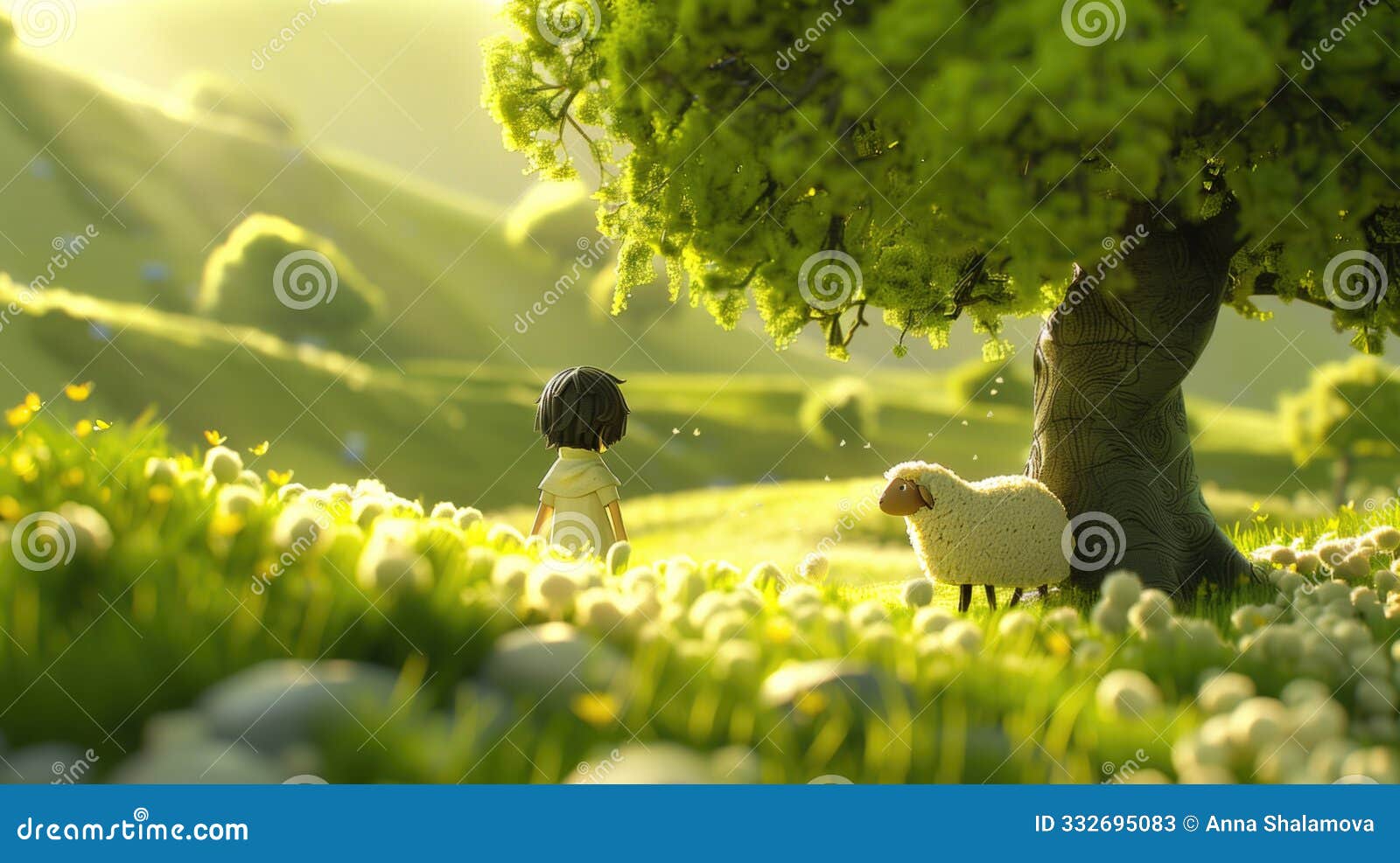 Animated Child and Sheep in a Sunlit Field with Rolling Hills and Tree ...