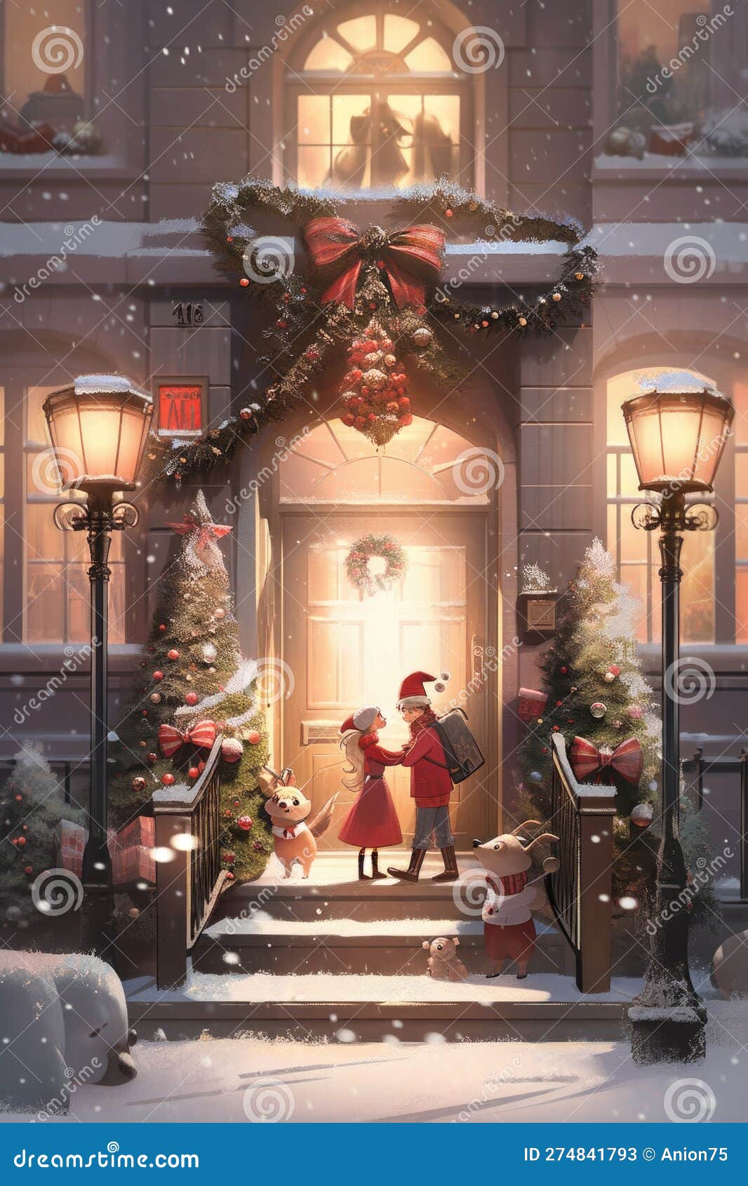 An Animated Christmas Scene with People and a Tree, Generative AI Stock ...