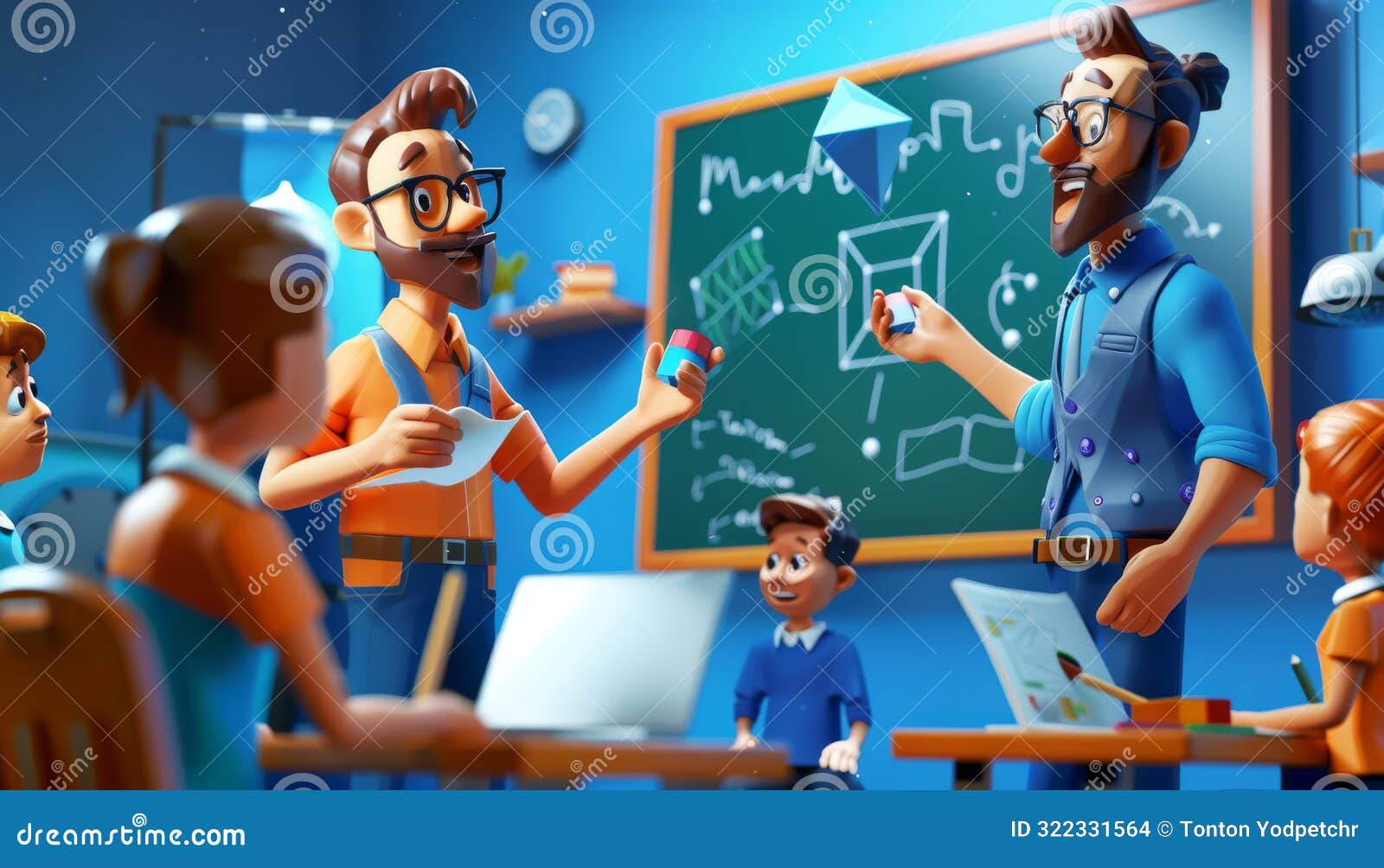 Animated Classroom Showing Teachers Collaborating on a Geometry Lesson ...