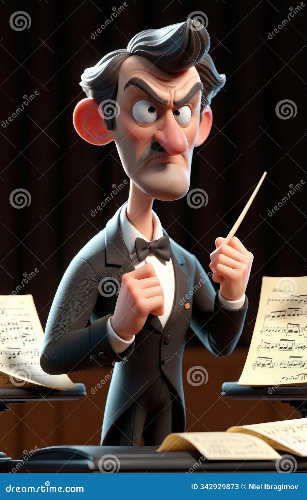 Animated Conductor with Sheet Music in Intense Performance Stock Image ...