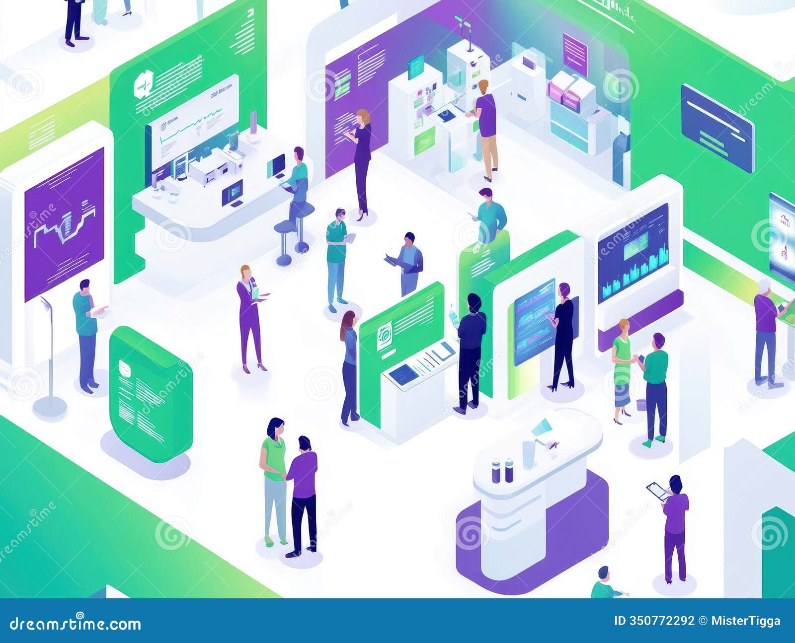 Animated Conference or Exhibition Hall Scene, with People Conversing ...