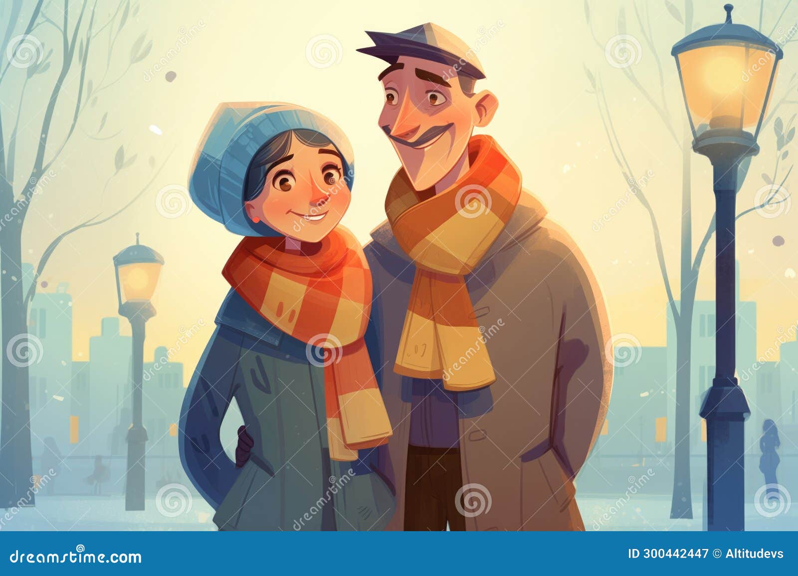 Animated Couple in a Scarf, Warming by a Streetlight Stock Illustration ...