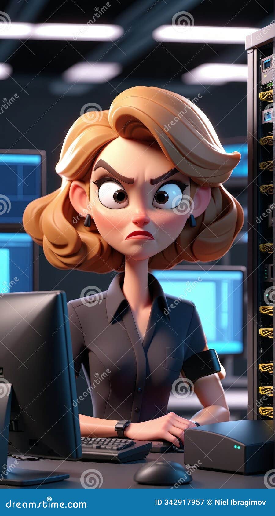 Animated Cybersecurity Expert At Work In A Modern Data Center Royalty ...