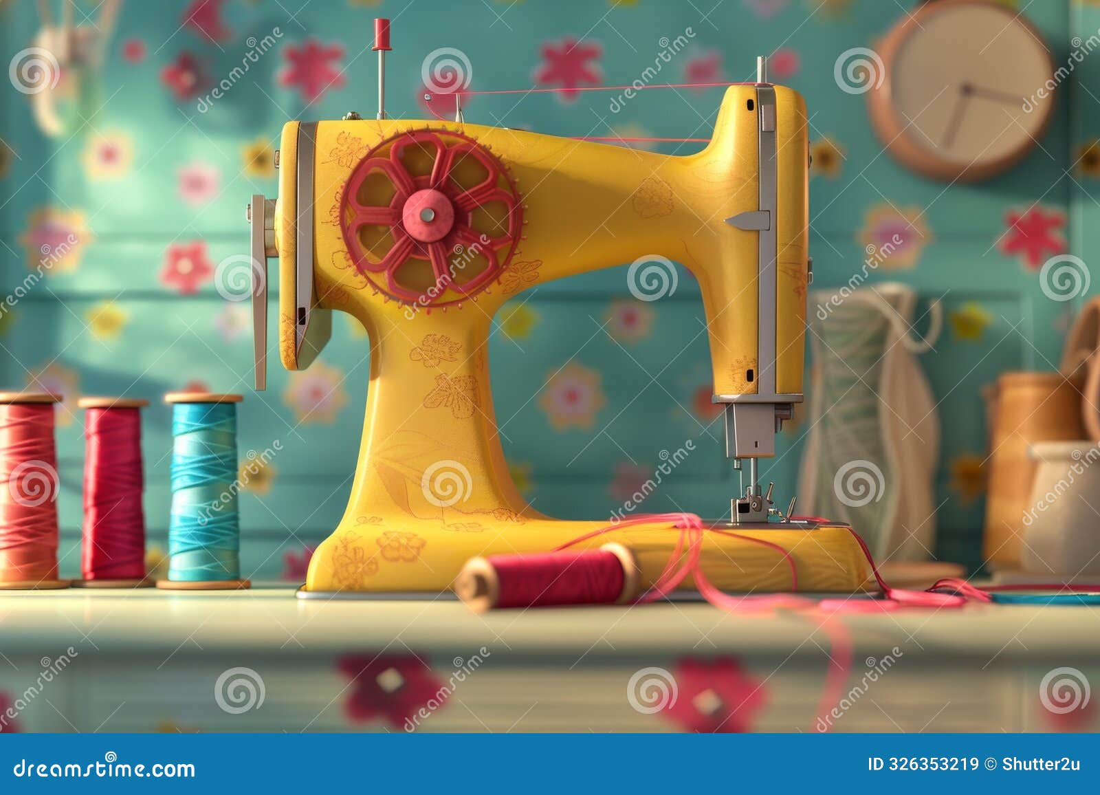 An Animated 3D Scene of a Cute Antique Sewing Machine with Spools of ...