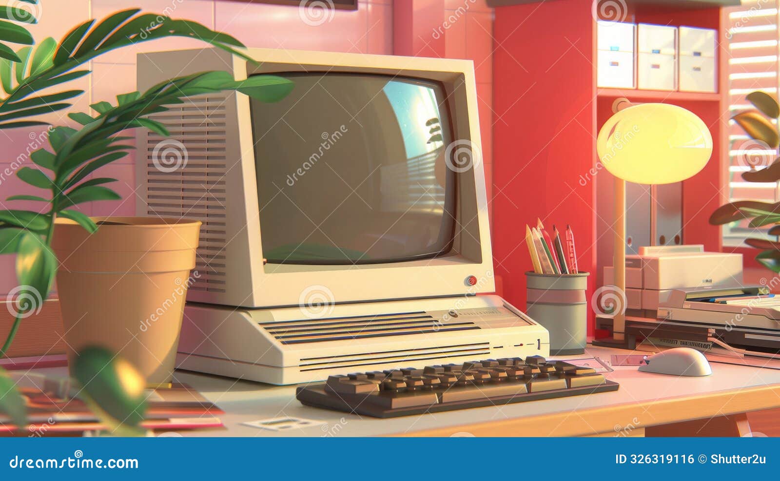 An Animated 3D Scene of a 1980s Office with a Personal Computer Floppy ...