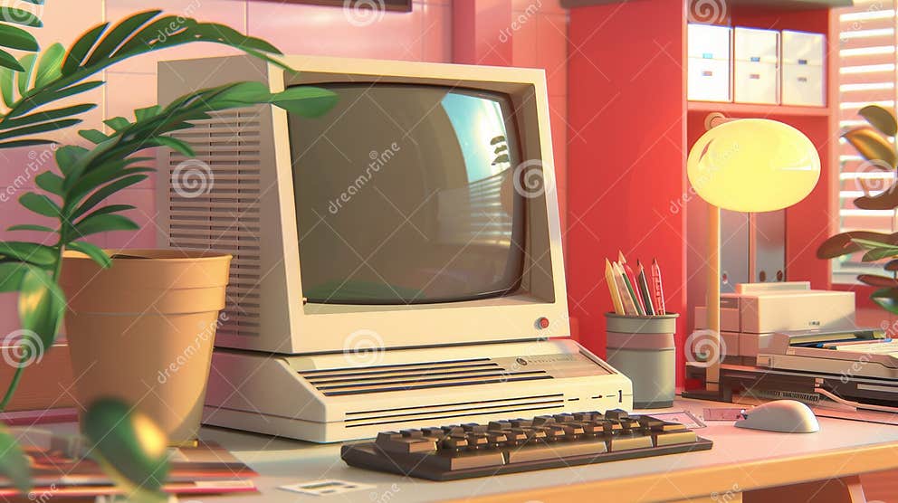 An Animated 3D Scene of a 1980s Office with a Personal Computer Floppy ...