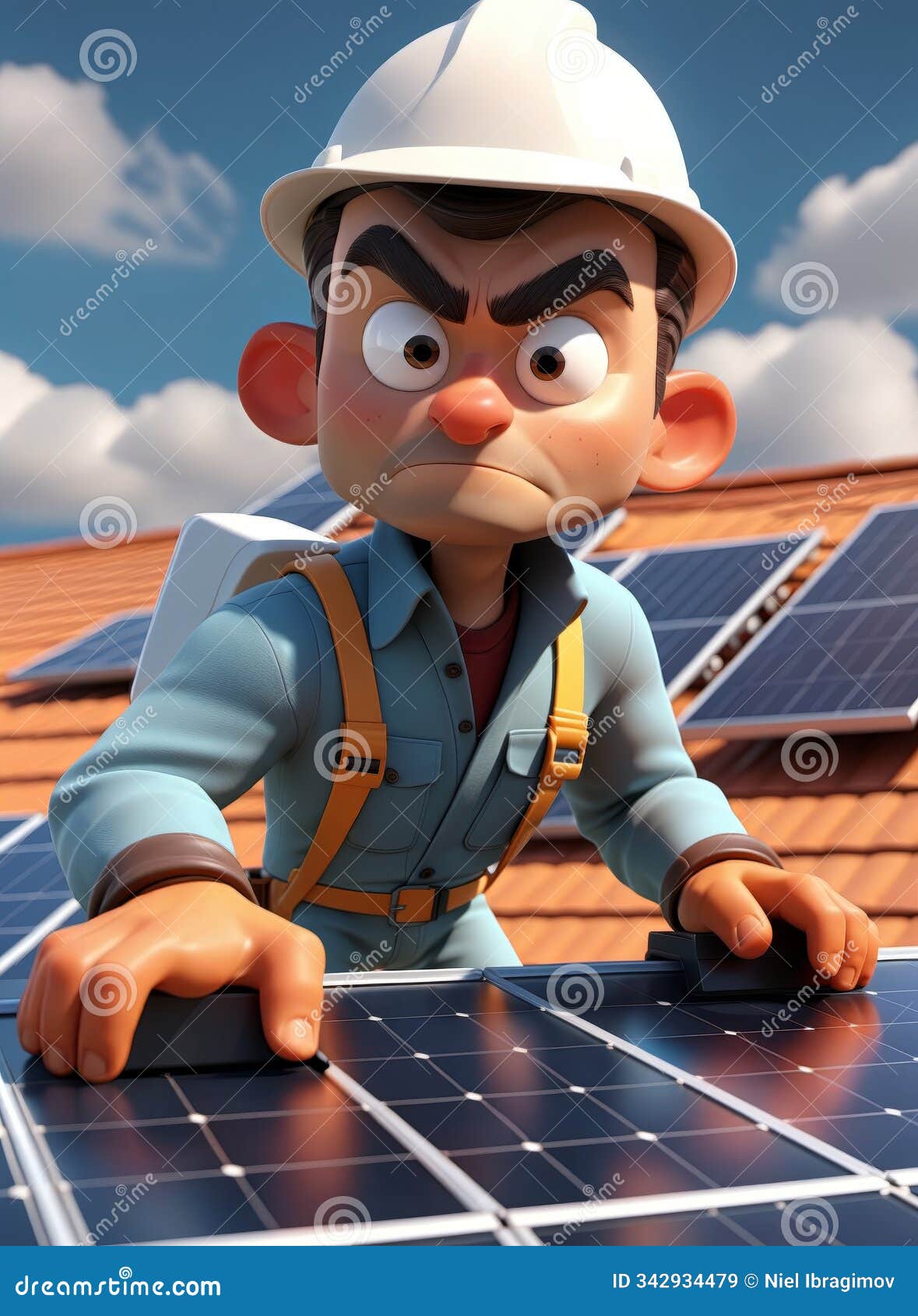 Animated Engineer Fixing Solar Panels on Rooftop Under Clear Sky Stock ...
