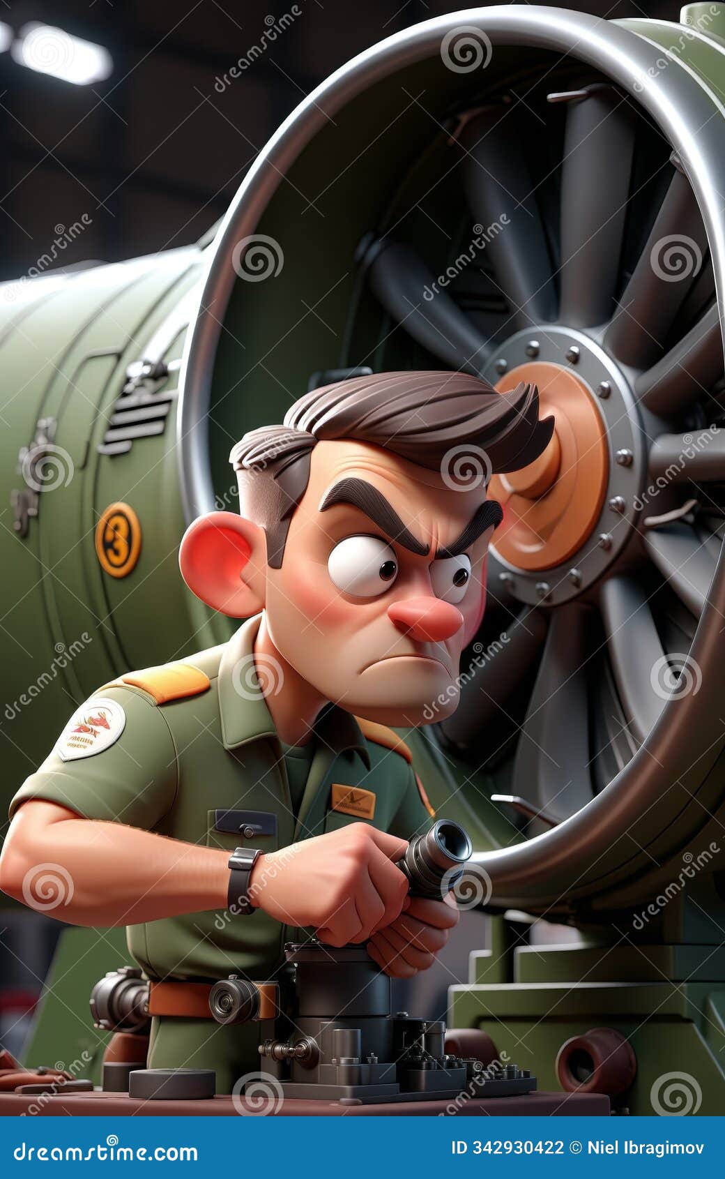 Animated Engineer Working on Jet Engine in Workshop Setting Stock Photo ...