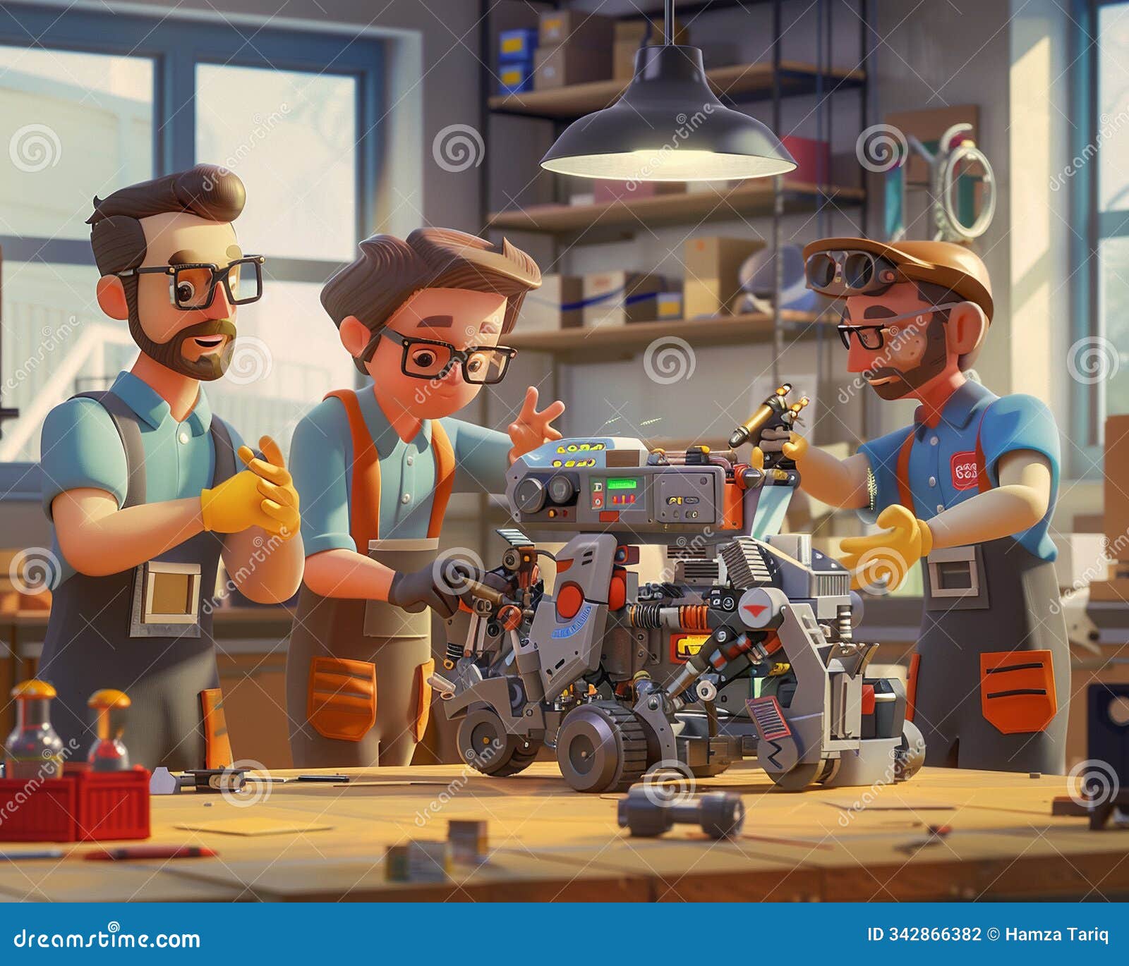 Animated Engineers Designing a Toy Robot in a Workshop Stock ...