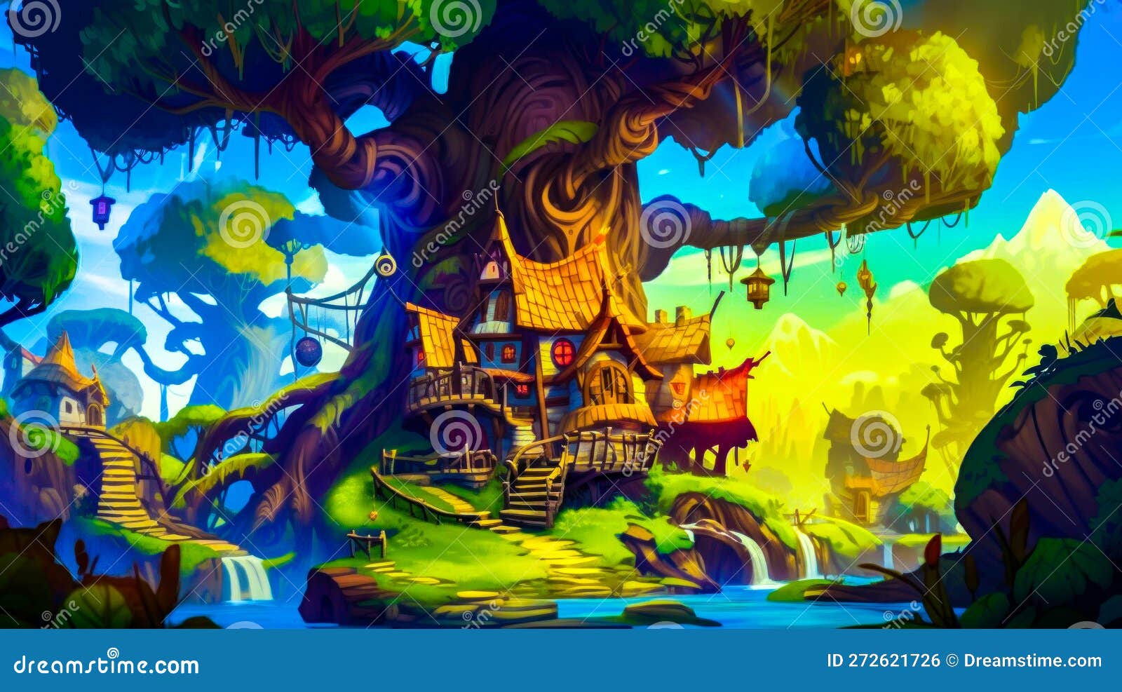 An Animated Fantasy Scene with House and Trees. Generative AI Stock ...