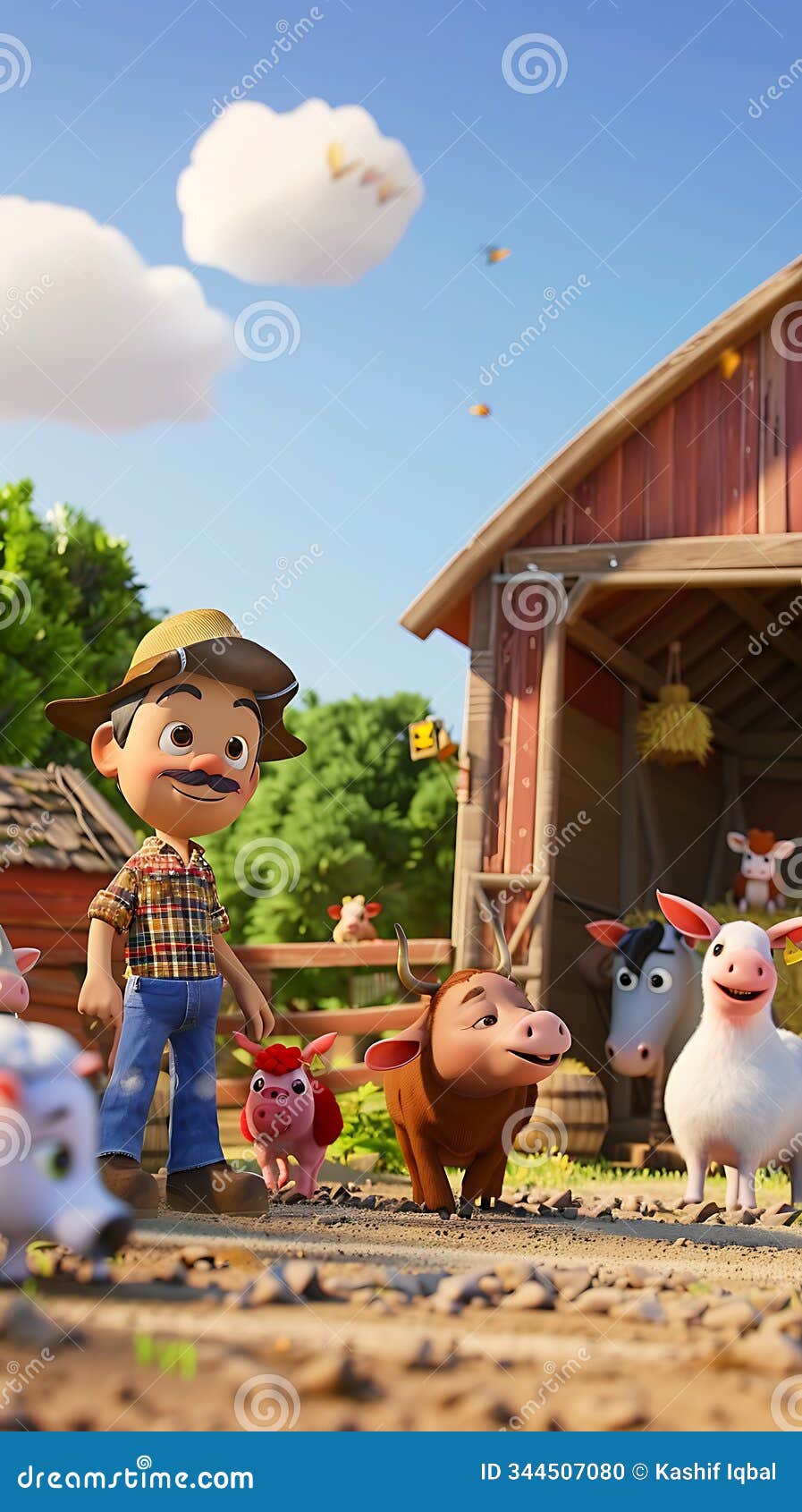 Animated Farmer with a Barn and Farm Animals in a Lively Scene Stock ...