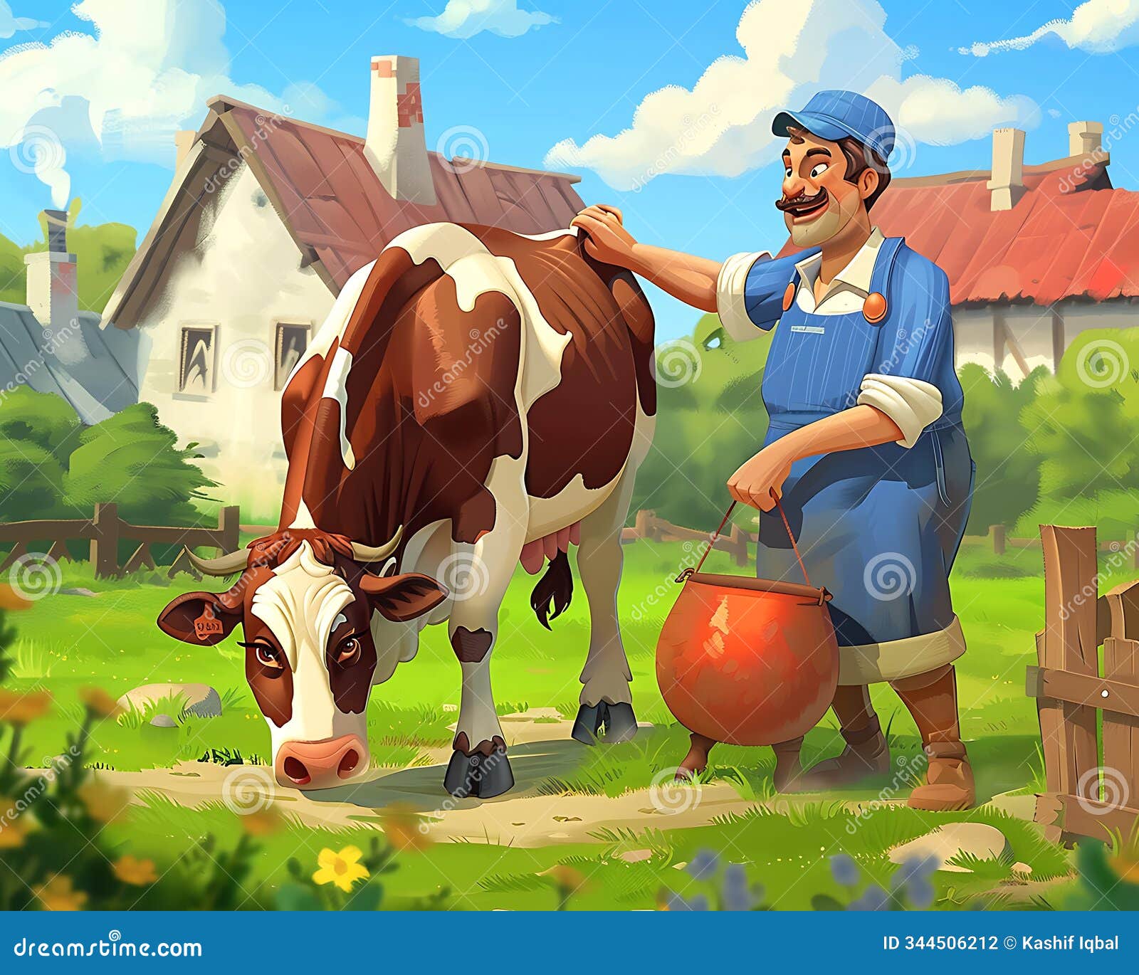 Animated Farmer Milking Cows in a Traditional Farm Setting Stock ...