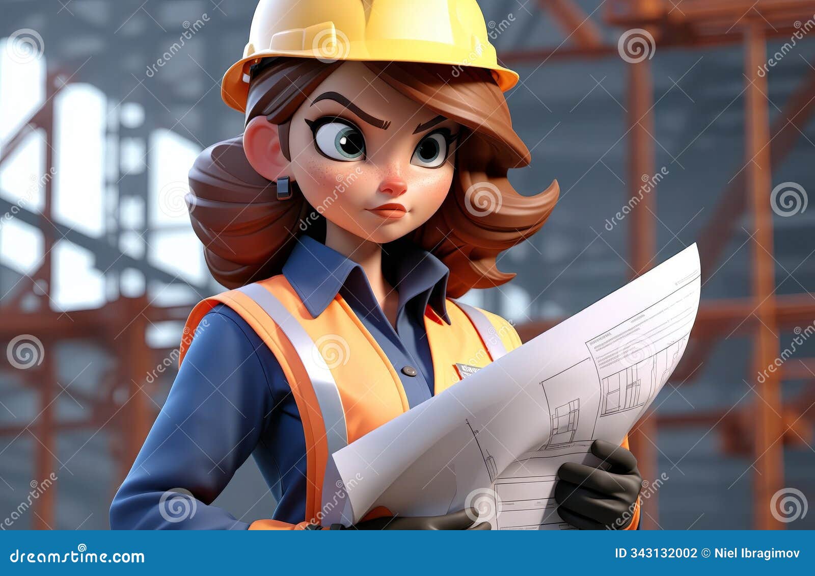 Animated Female Engineer in Construction Site with Blueprints and Hard ...