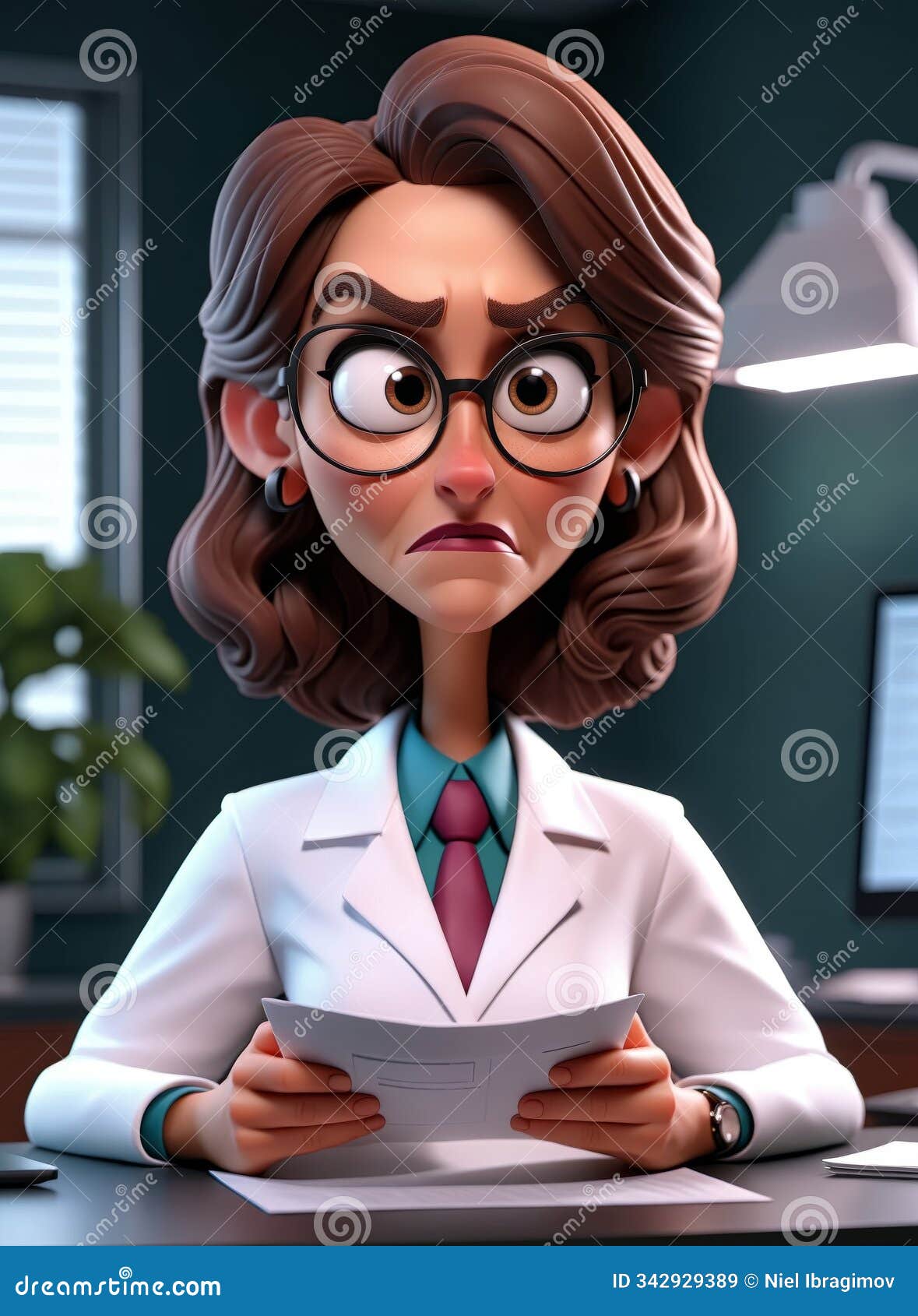 Animated Female Scientist with Glasses Reviewing Documents in Office ...