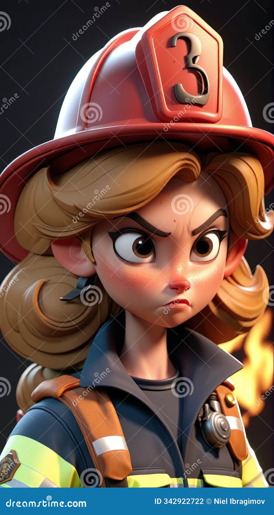 Animated Firefighter Character with Determined Expression and Helmet ...