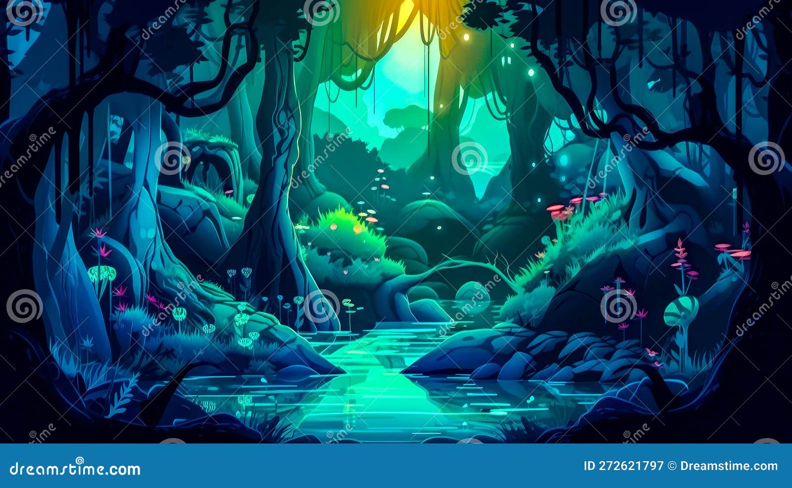 An Animated Forest Scene with River and Trees. Generative AI Stock ...