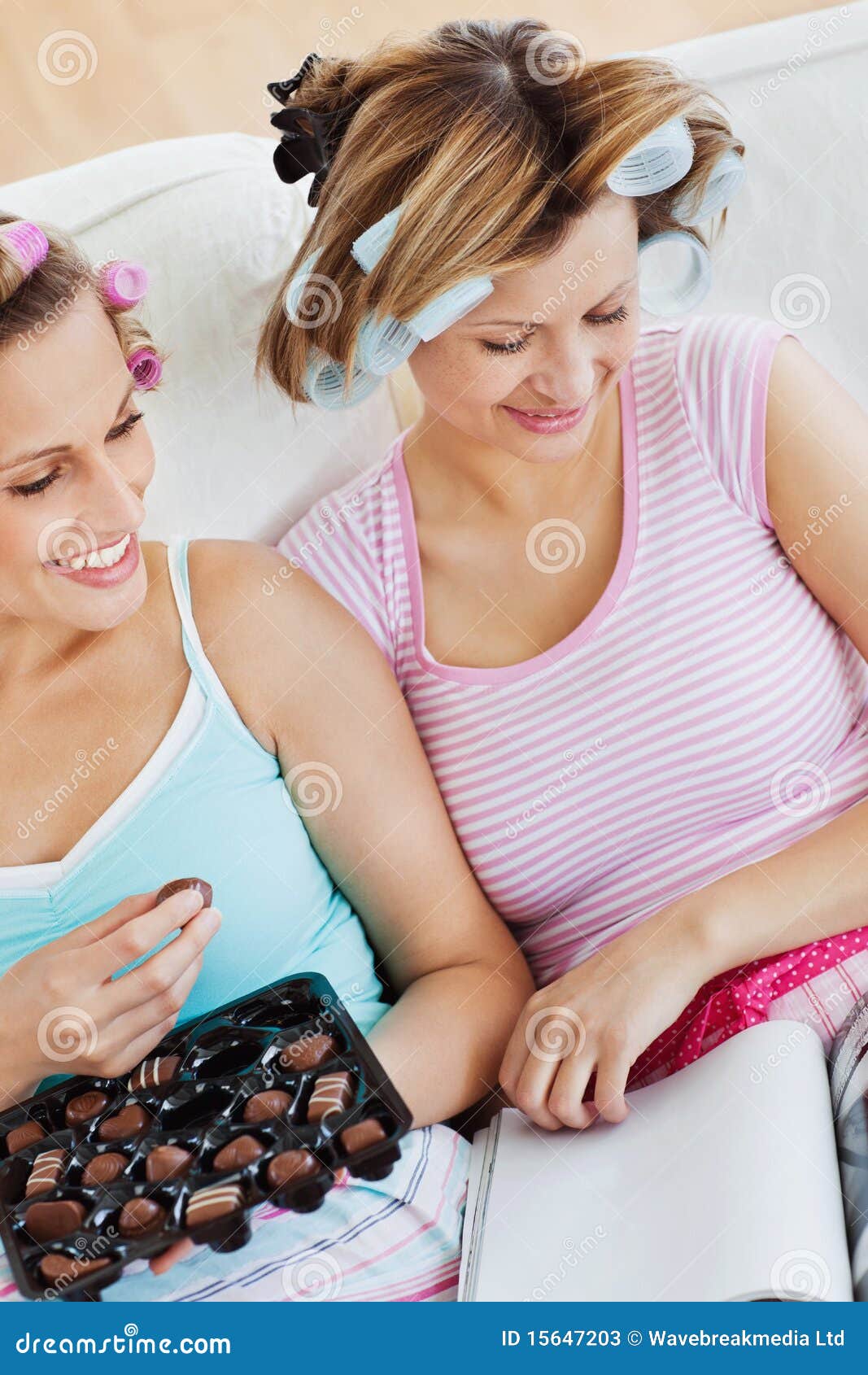 Animated Friends Eating Chocolate Reading Magazine Stock Image ...