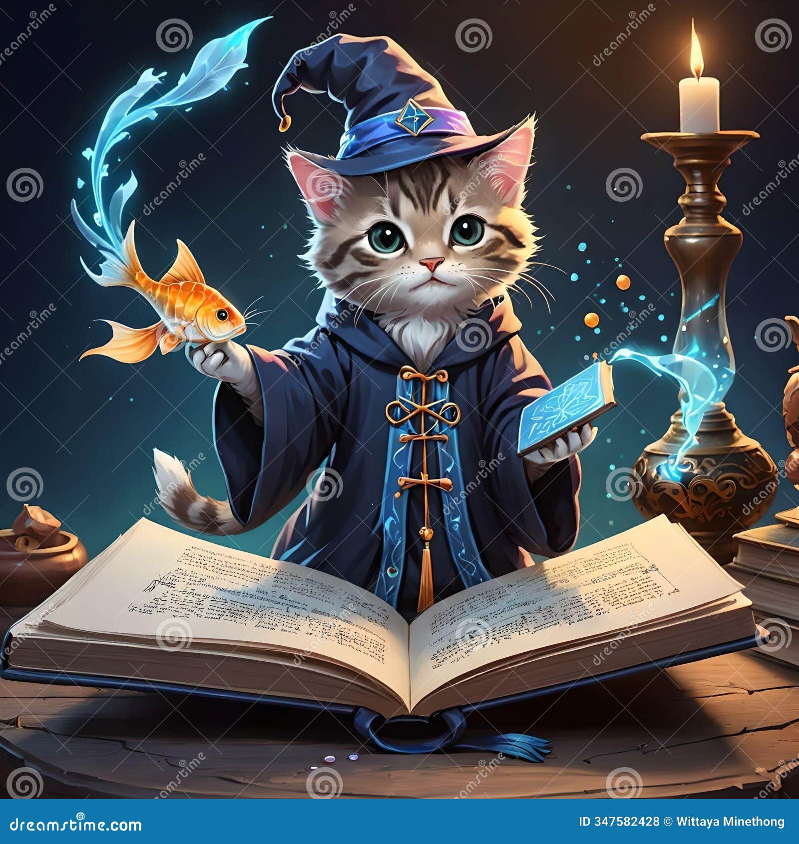 An Animated Image of a Magic Cat Casting a Spell To Conjure a Fish ...