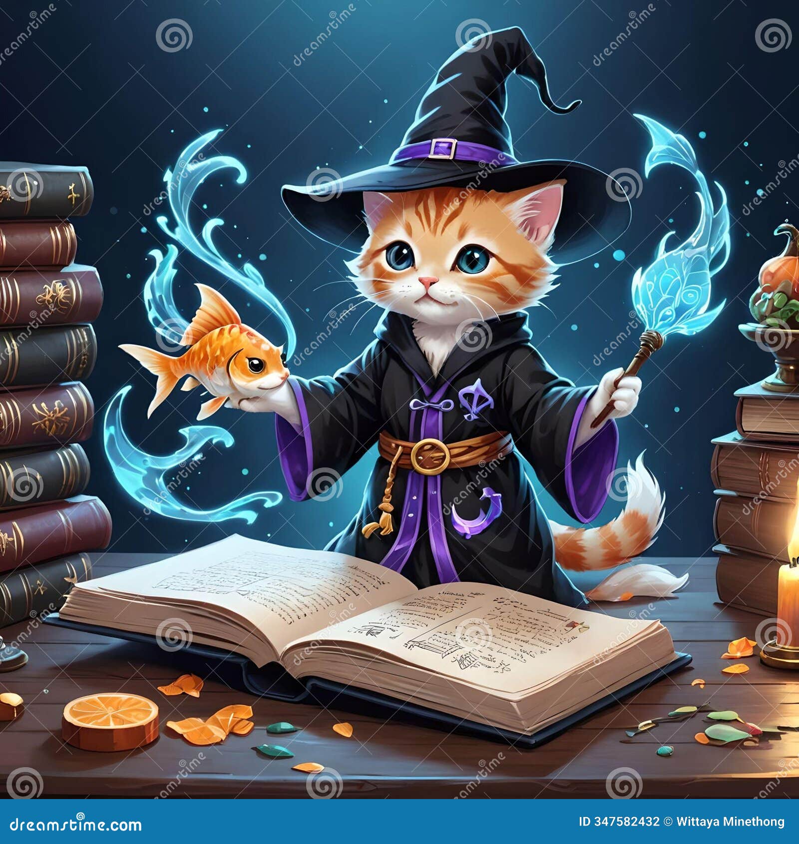 An Animated Image of a Magic Cat Casting a Spell To Conjure a Fish ...