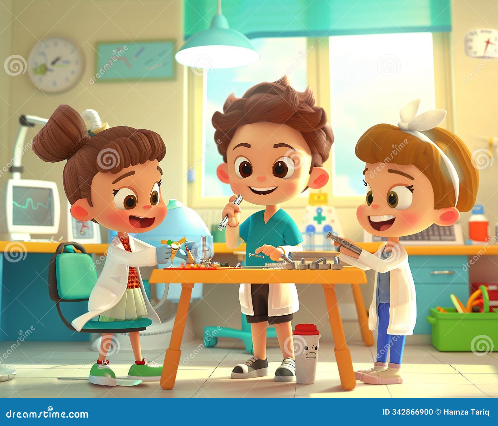 Animated Kids As Doctors Using Fun Medical Tools in a Clinic Stock ...