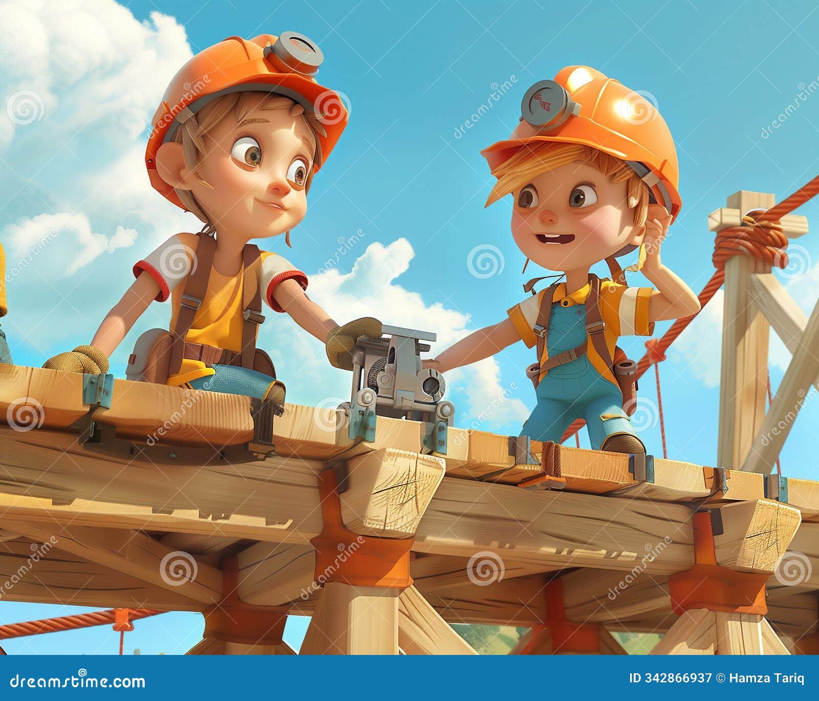 Animated Kids As Engineers Building a Bridge Stock Illustration ...