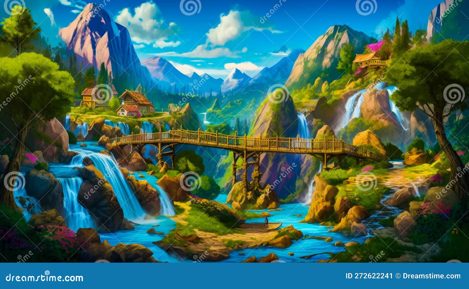 An Animated Landscape with Bridge and Waterfall. Generative AI Stock ...