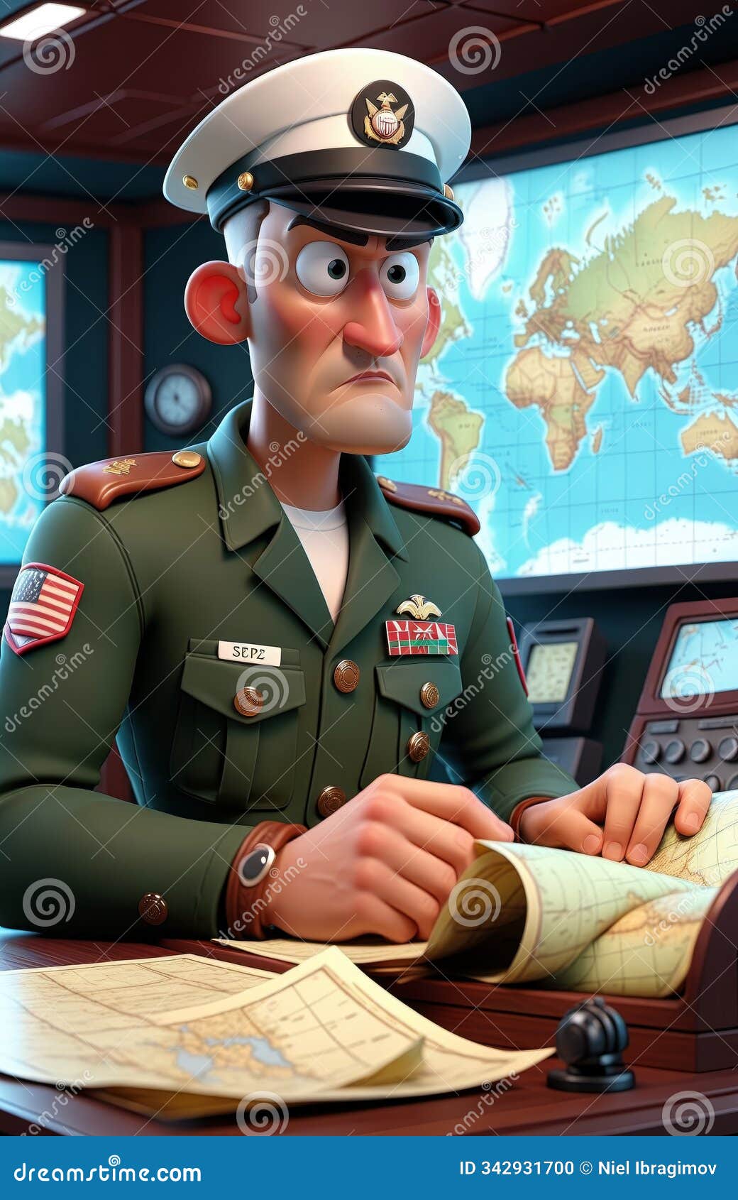 Animated Military Officer at Command Desk with Maps and Equipment Stock ...