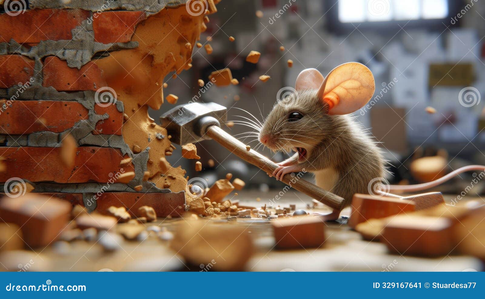 Animated Mouse Breaking Brick Wall with Hammer in Workshop Stock Image ...