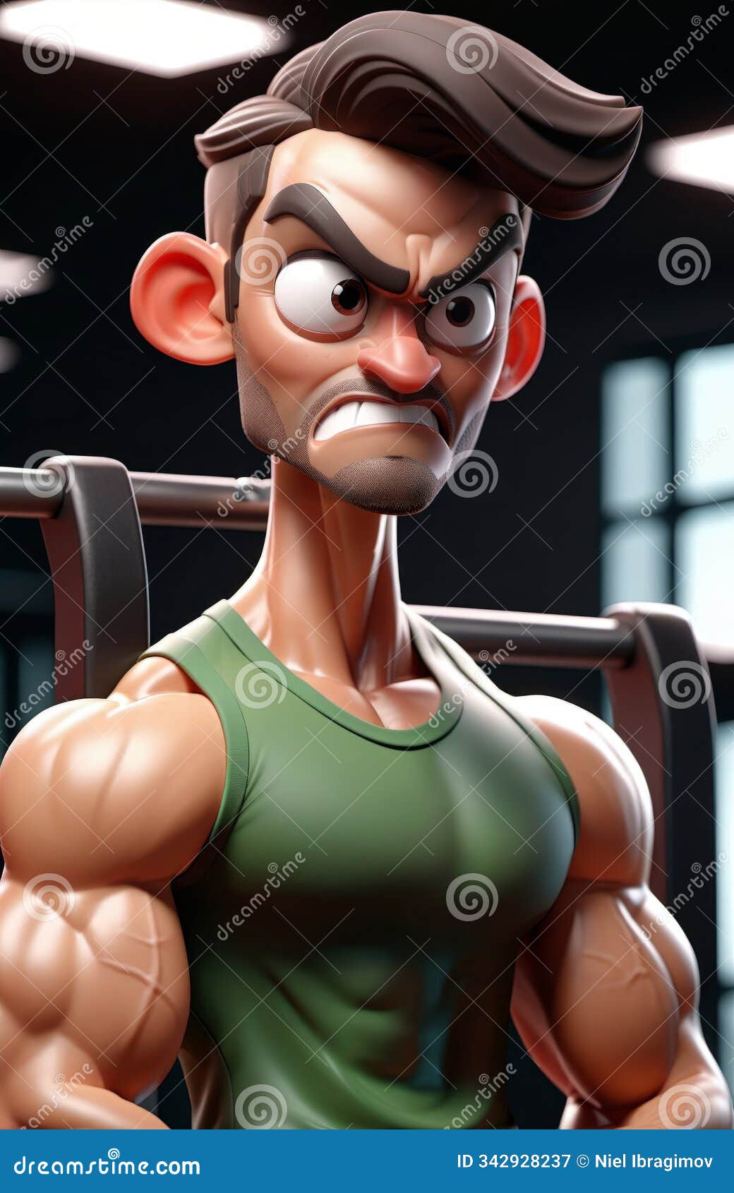 Animated Muscular Man with Intense Expression Lifting Weights in Gym ...