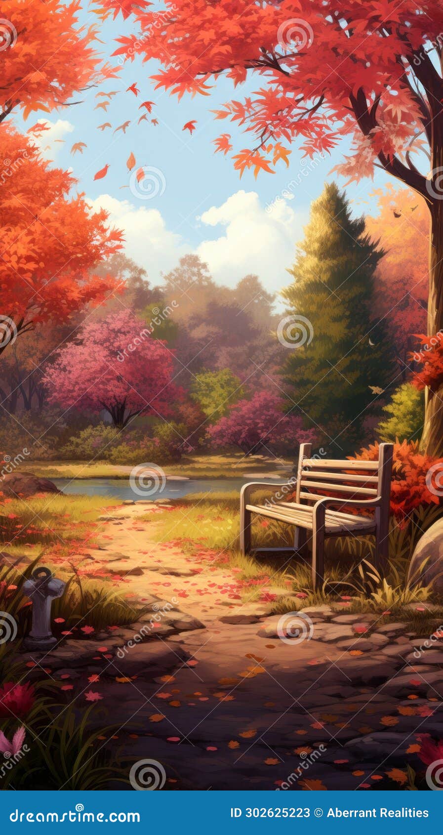 An Animated Painting of a Park with a Bench and Trees Stock ...