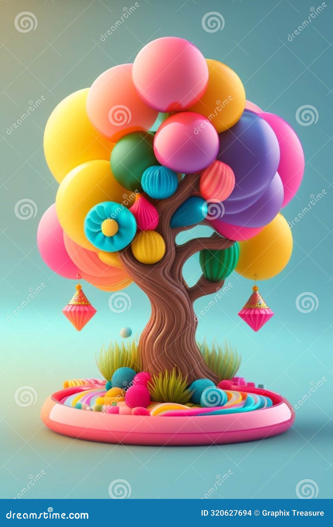 Animated Playful Tree with Colorful Balloons on it. View of ...