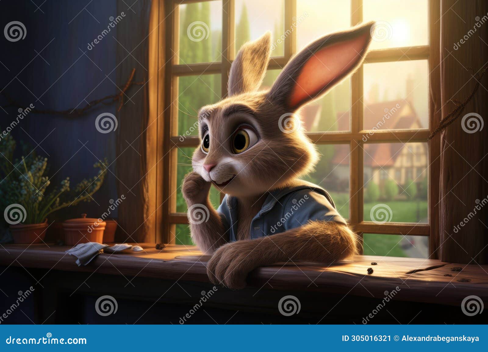 Pensive Rabbit at Window during Sunset Stock Illustration ...