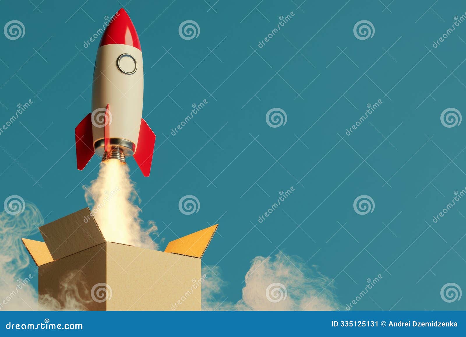 Animated Rocket Taking Off from a Cardboard Box, Blue Background ...