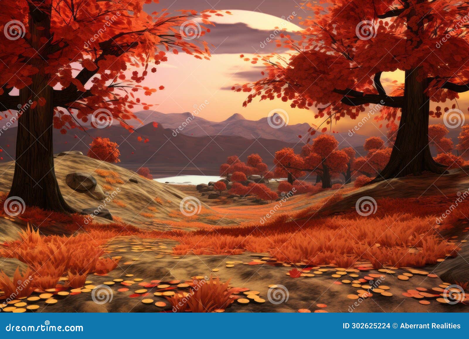 An Animated Scene of a Forest with Red Trees Stock Illustration ...