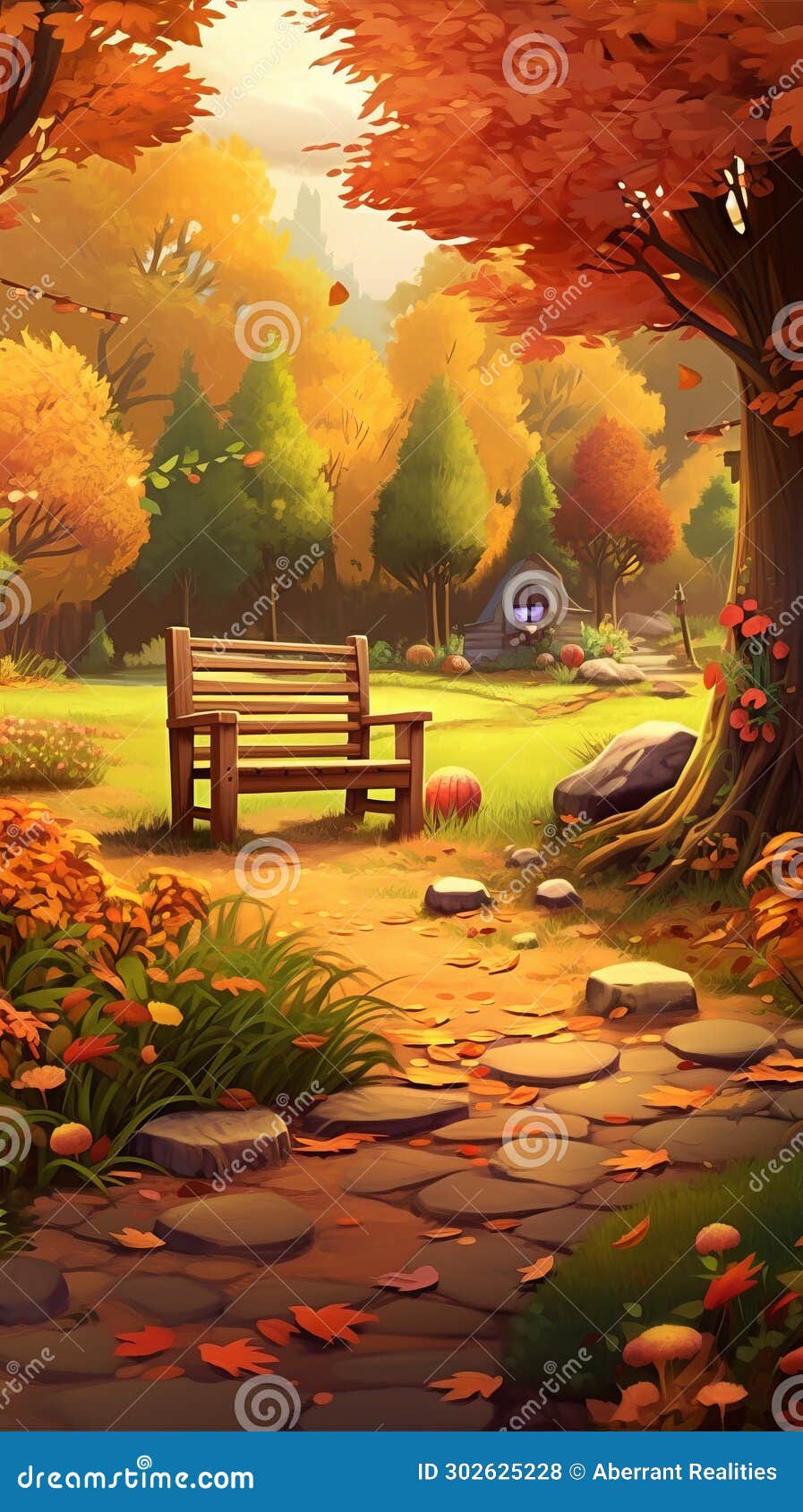 An Animated Scene of a Park with a Bench and Trees Stock Illustration ...
