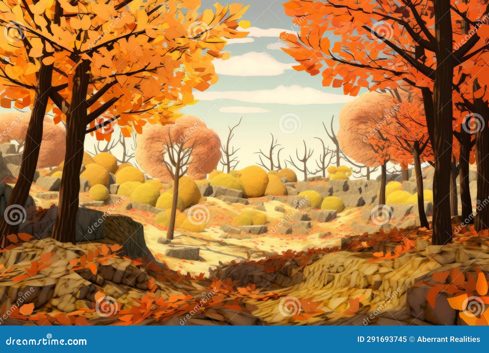 An Animated Scene with Trees and Rocks in the Background Stock ...