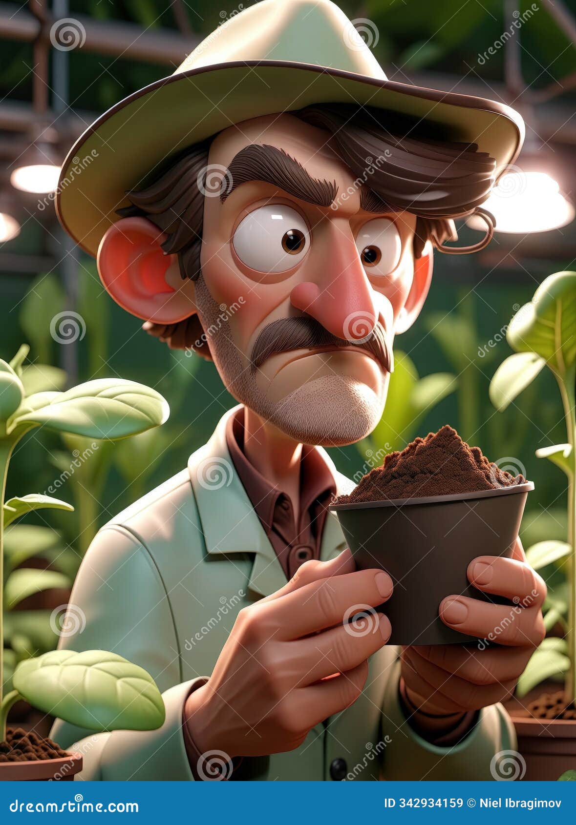 Animated Scientist Examining Soil Sample in Greenhouse Environment ...