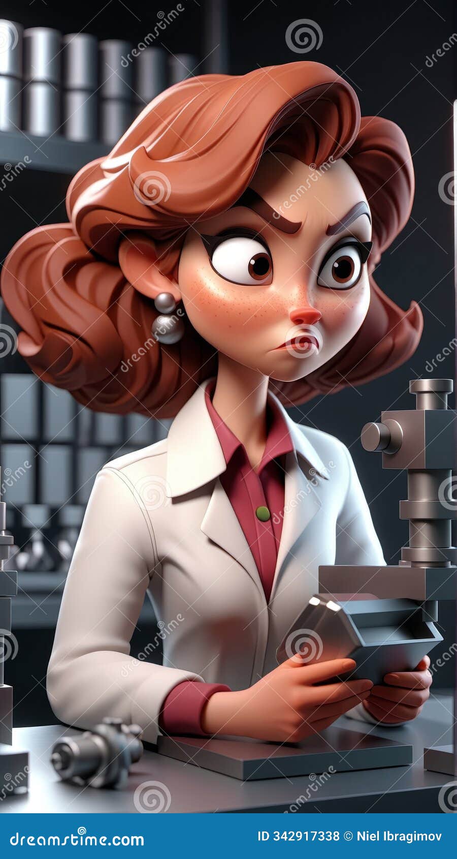 Animated Scientist in Lab Coat Examines Specimen Under Microscope with ...
