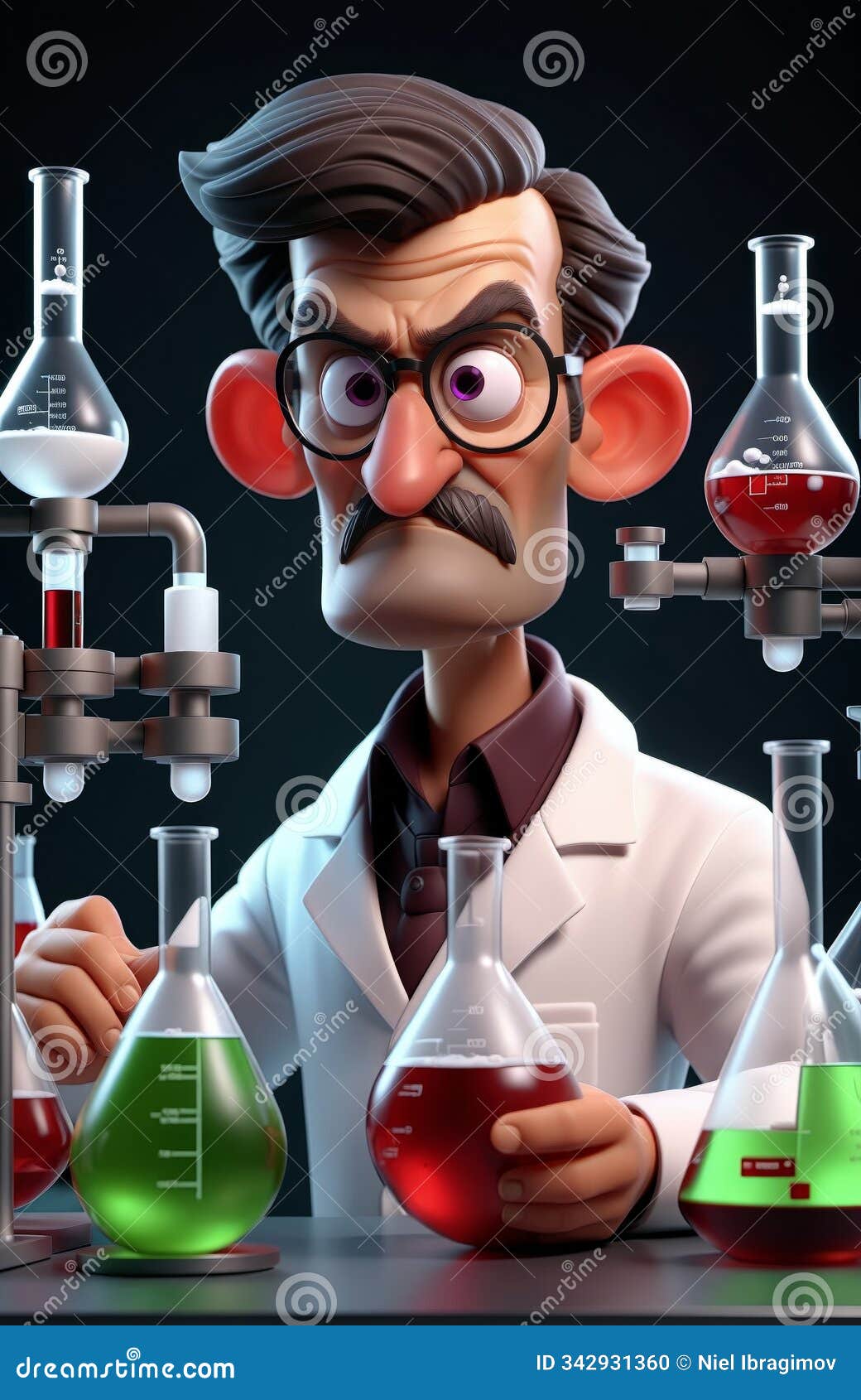 Animated Scientist in Laboratory with Colorful Experiments and Beakers ...