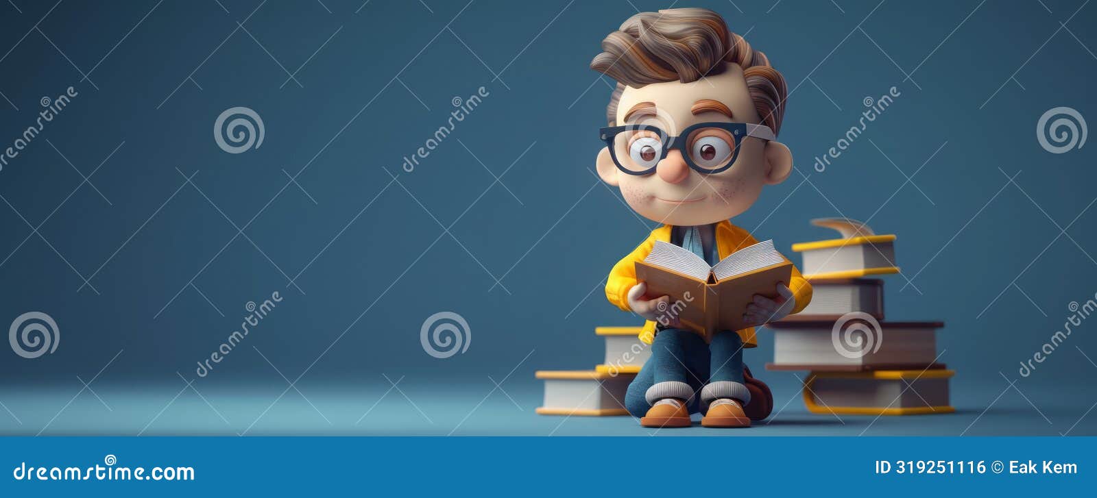 Animated Student Reading A Book With Stack Of Books, Studious Character ...